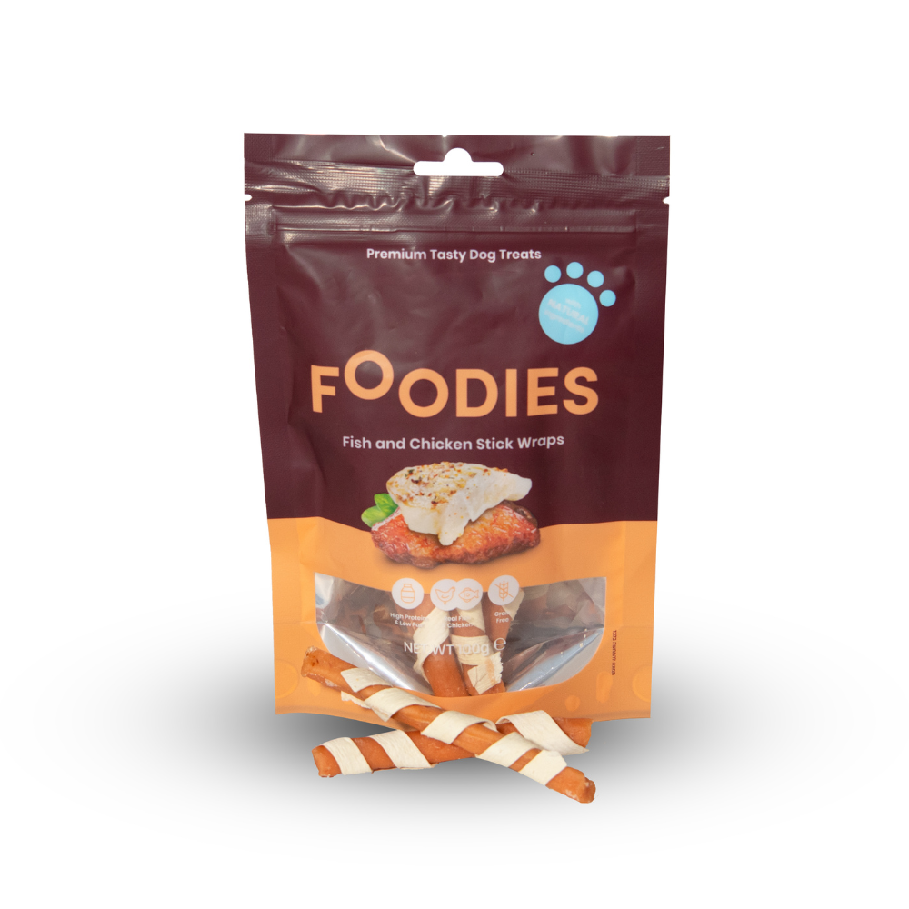 חטיף FOODIES מקלות מגולגלים דגים ועוף, 100 גרם - Bax